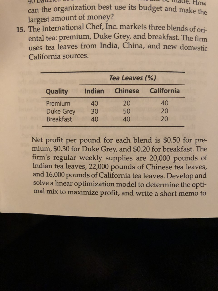 Solved Develop and solve a linear optimization model to | Chegg.com