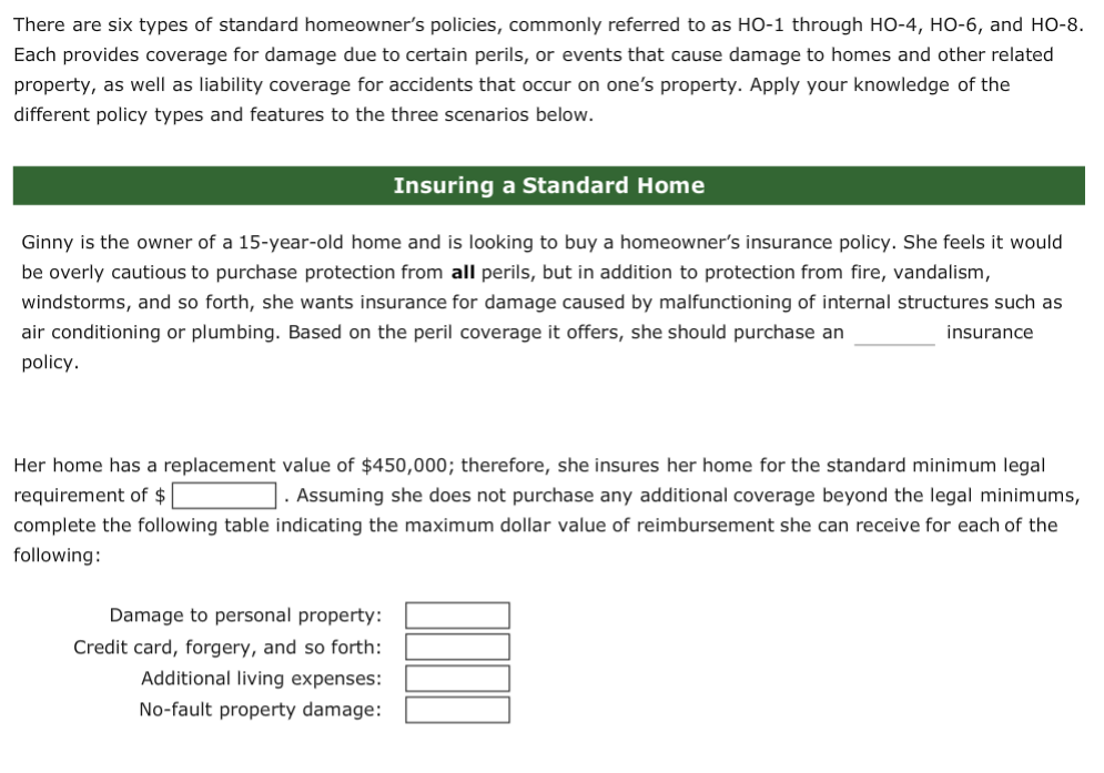 There are six types of standard homeowner's policies, | Chegg.com