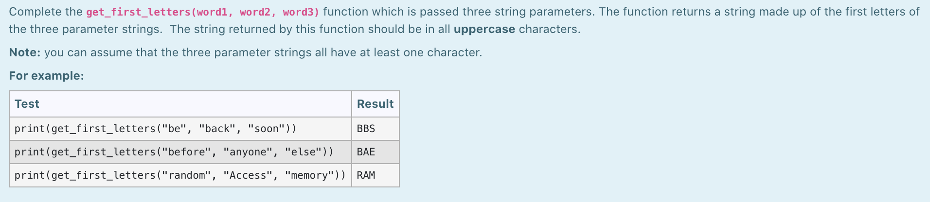 Solved Complete the get_first_letters (wordi, word2, word3) | Chegg.com