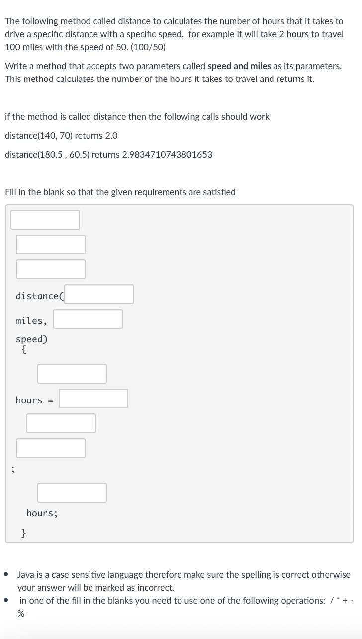 Solved The following method called distance to calculates | Chegg.com