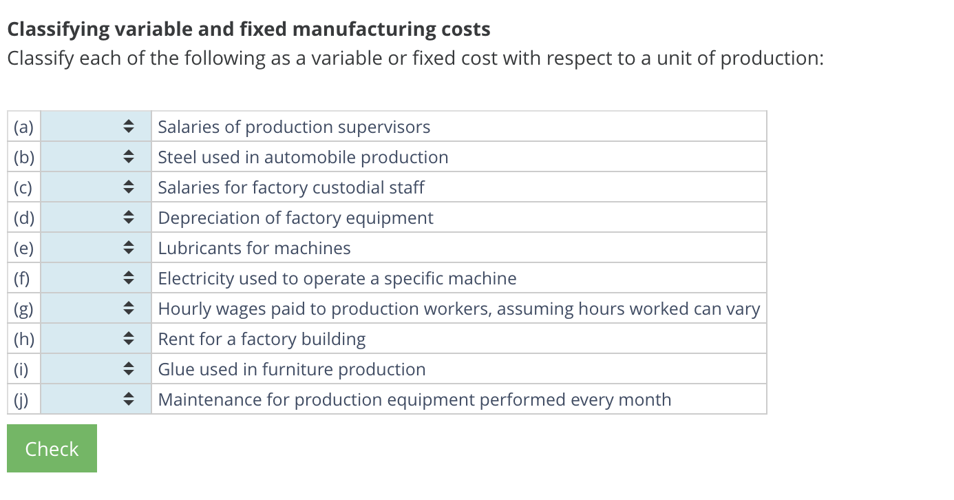 Solved Classifying Variable And Fixed Manufacturing