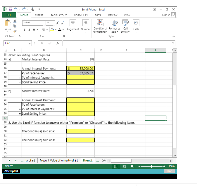 Solved Bond Pricing using Present Value Tables using Excel's | Chegg.com