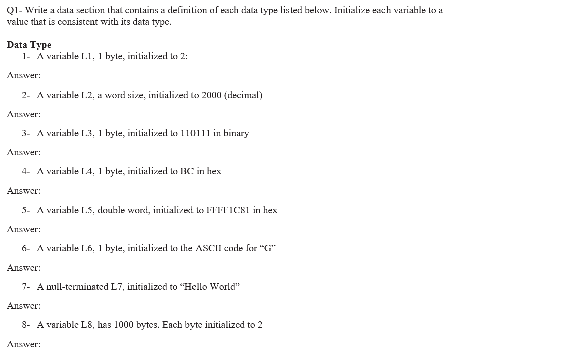 Solved Q1- Write a data section that contains a definition | Chegg.com