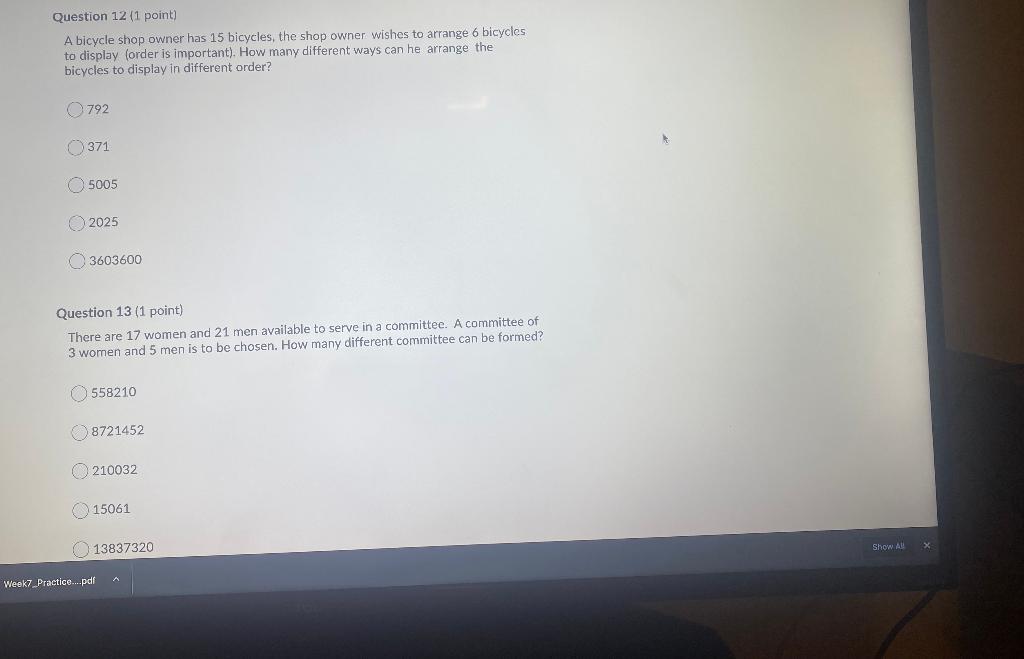 Solved Question 12 (1 point) A bicycle shop owner has 15 | Chegg.com