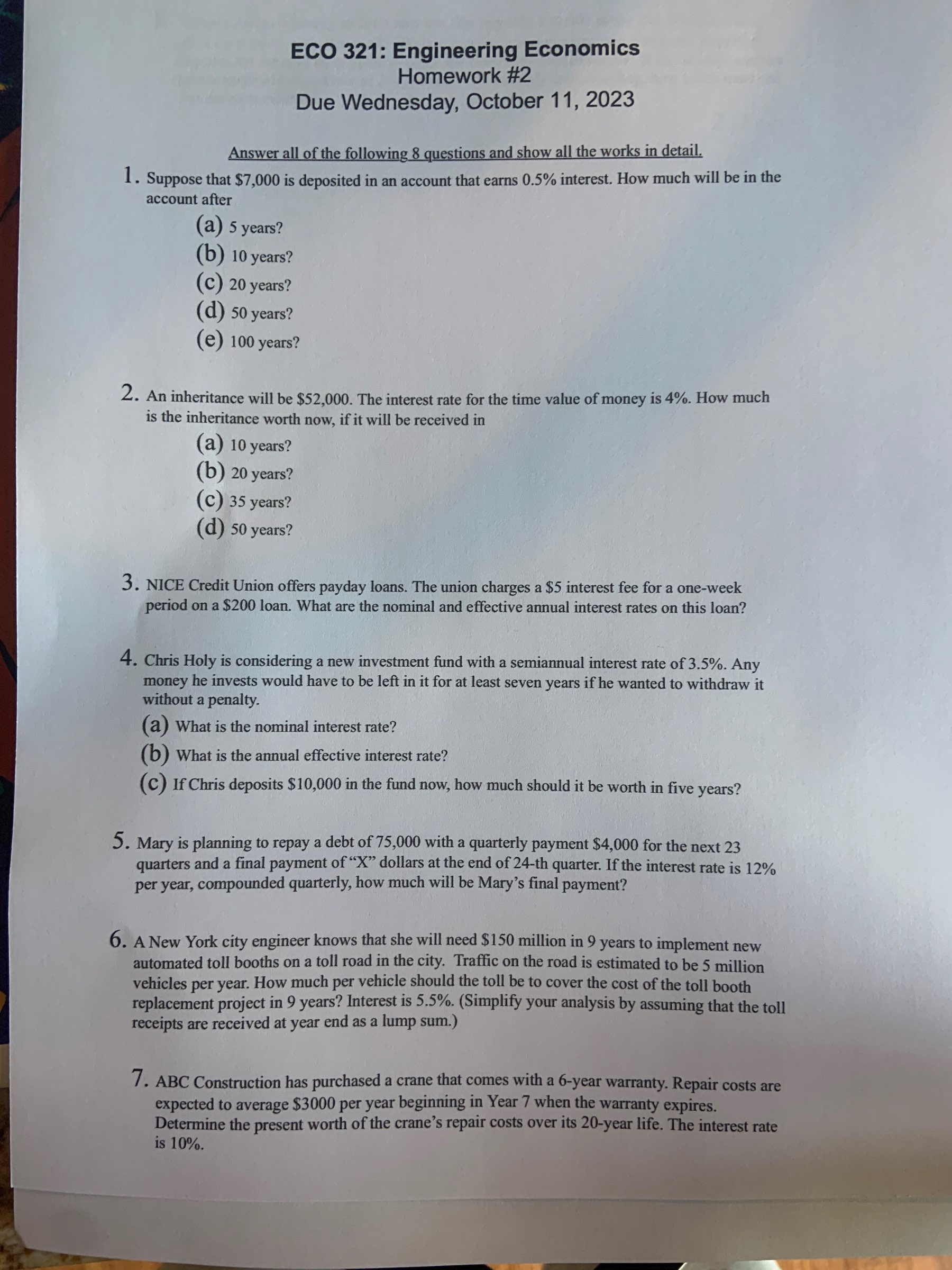 Solved ECO 321: Engineering Economics Homework \#2 Due | Chegg.com