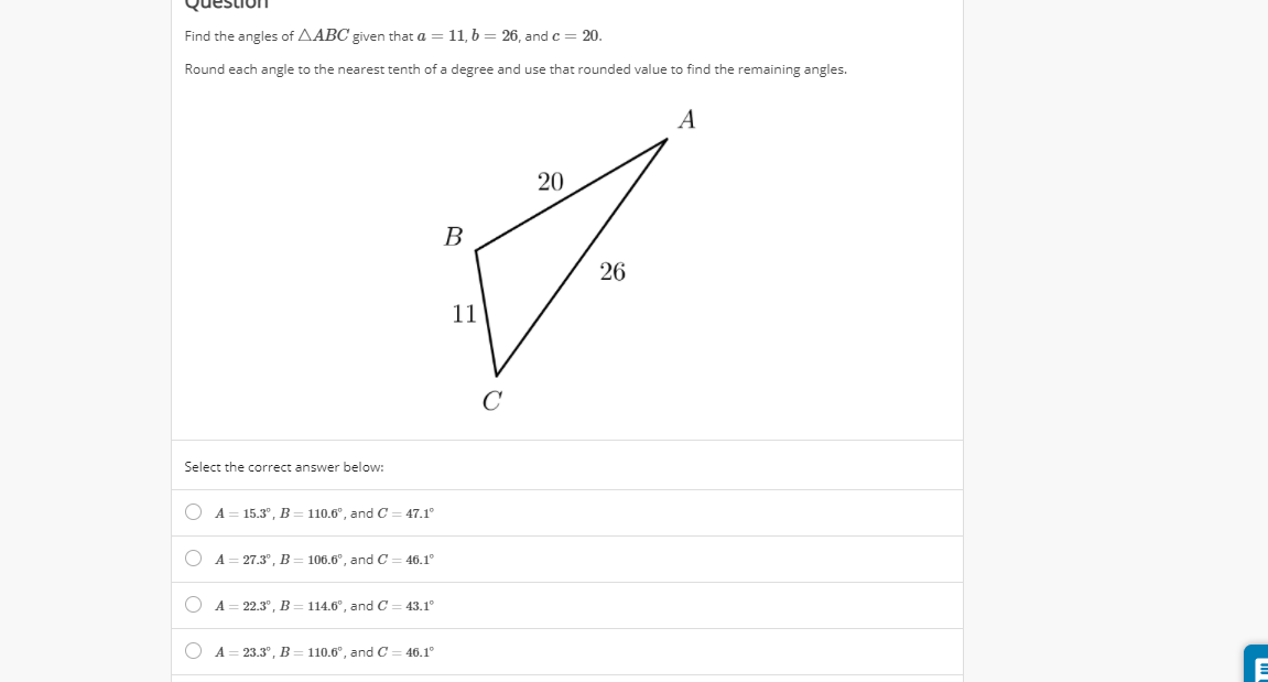 Solved Find the angles of ABC given that a=11, b=26, and | Chegg.com