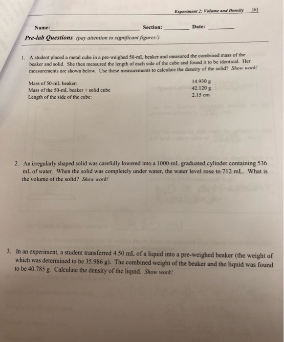 Solved Esperiment 2: Volume and Density 6 Name: Section:_ | Chegg.com