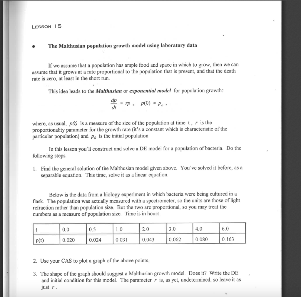 LESSON 15 The Malthusian population growth model | Chegg.com