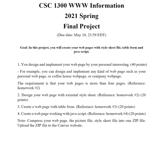 Solved CSC 1300 WWW Information 2021 Spring Final Project | Chegg.com