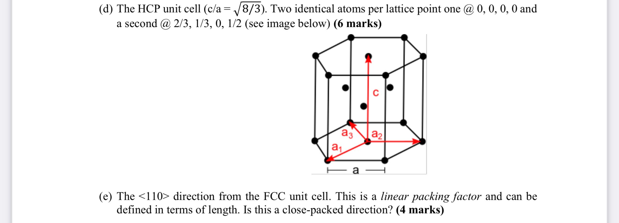(d) The HCP unit cell (c/a=8/3). Two identical atoms | Chegg.com