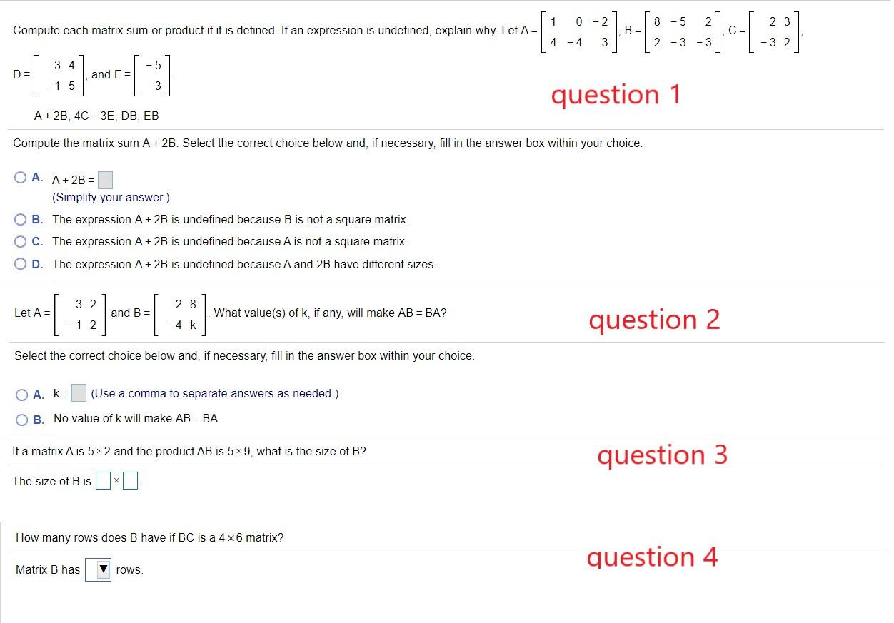 Solved 1 0 - 2 8 - 5 2 3 Compute each matrix sum or product | Chegg.com