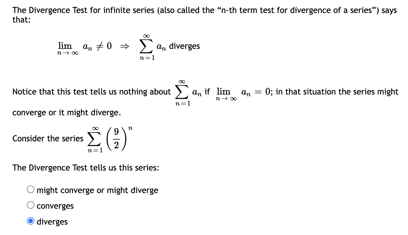 Solved The Divergence Test for infinite series (also called | Chegg.com