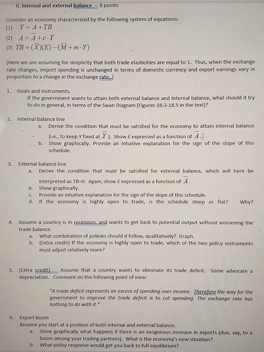 II. Internal and external balance - 8 points Consider | Chegg.com