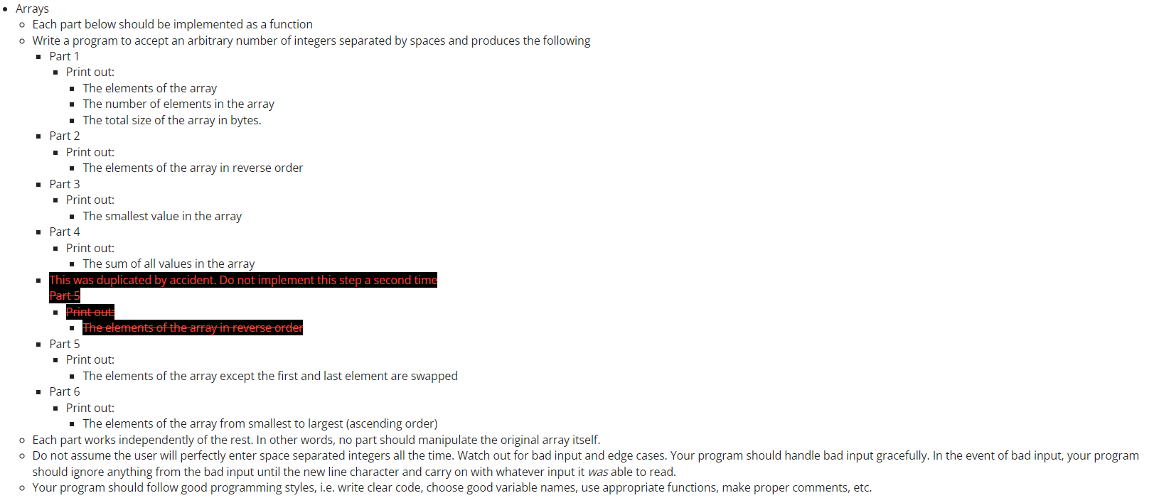 Solved • Arrays Each part below should be implemented as a | Chegg.com