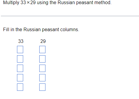 Solved Multiply 33×29 using the Russian peasant method. Fill | Chegg.com