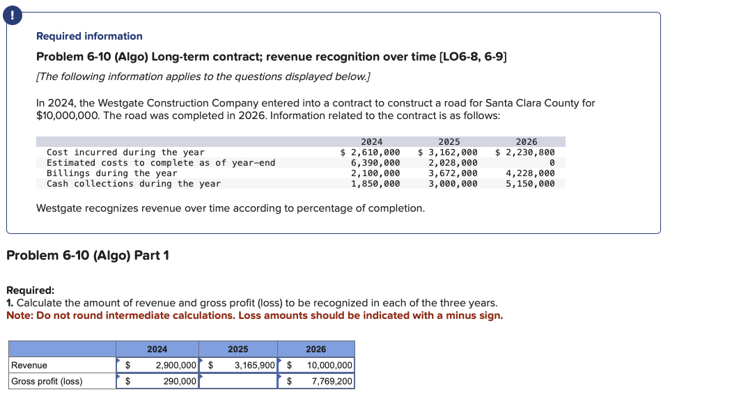 Solved Problem 6-10 (Algo) ﻿Long-term contract; revenue | Chegg.com