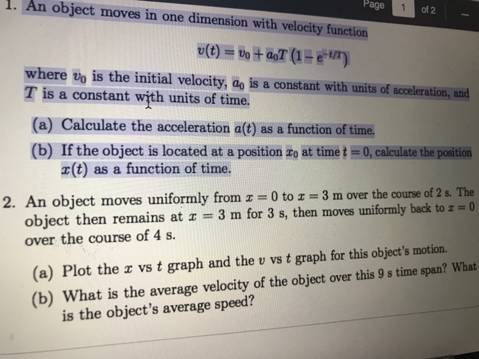 Solved An object moves in one dimension with velocity | Chegg.com