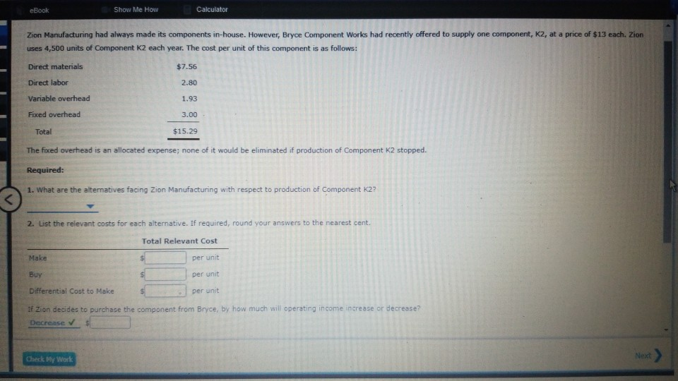 Solved Calculator Show Me How eBook Zion Manufacturing had | Chegg.com