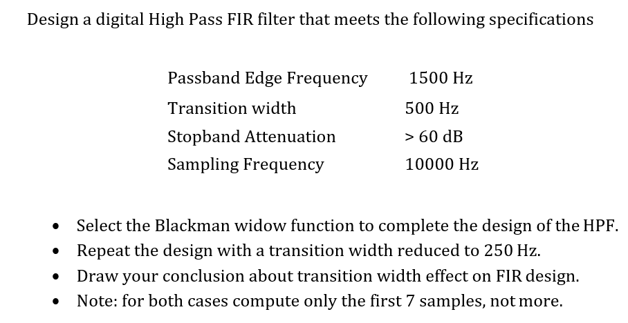 Design a digital High Pass FIR filter that meets the | Chegg.com