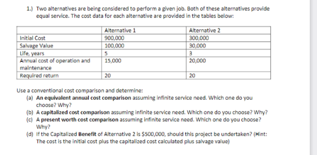 Solved 1.) Two alternatives are being considered to perform | Chegg.com