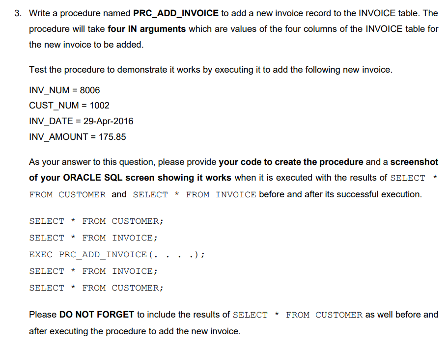 Solved Write a procedure named PRC_ADD_INVOICE to add a new | Chegg.com