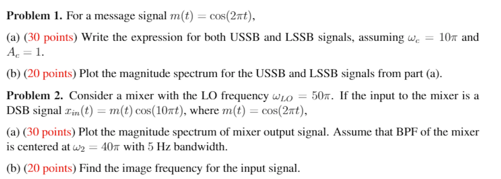 Solved Problem 1. For a message signal m(t) = cos(2nt), (a) | Chegg.com