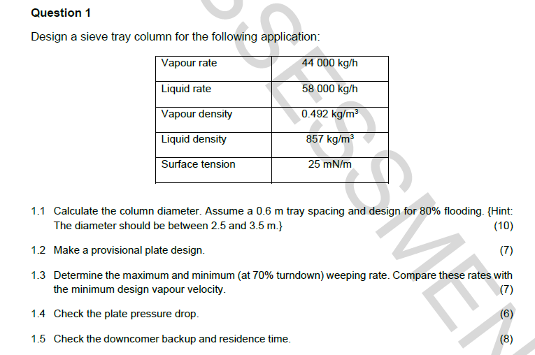 Solved Design a sieve tray column for the following | Chegg.com