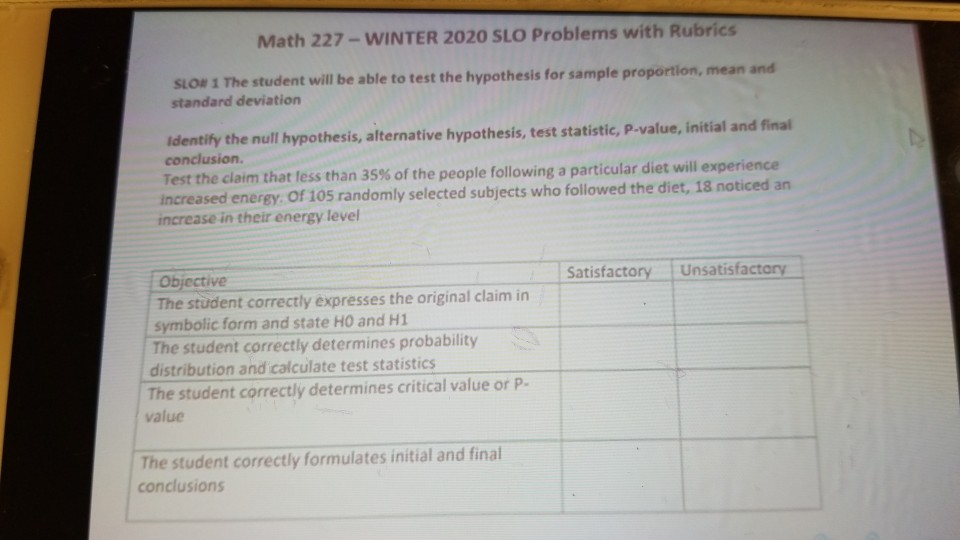 Solved Math 227 - WINTER 2020 SLO Problems with Rubrics SLON | Chegg.com