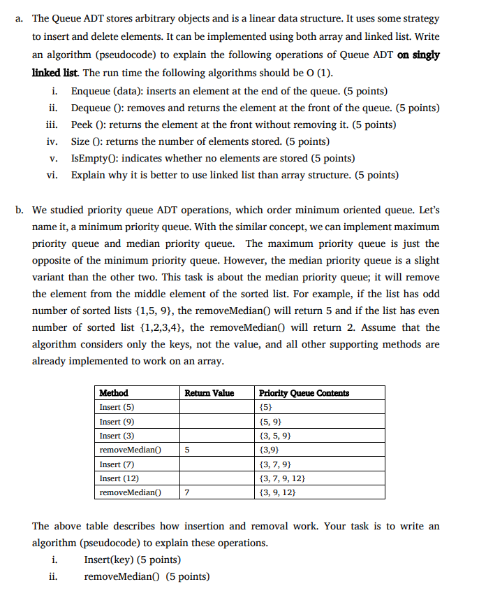 Solved A The Queue Adt Stores Arbitrary Objects And Is A 