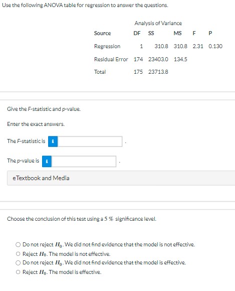 Solved Use the following ANOVA table for regression to | Chegg.com