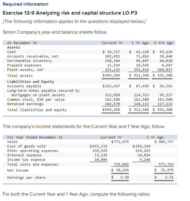 Solved Required information Exercise 13-9 Analyzing risk and | Chegg.com