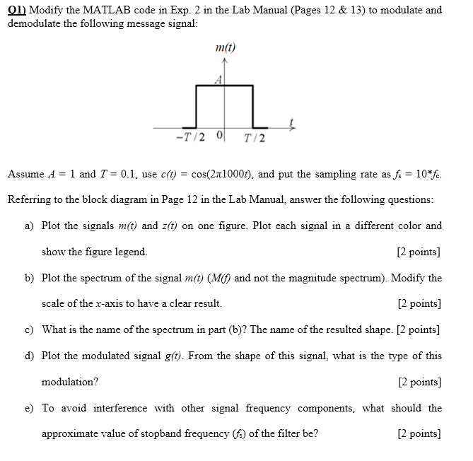 01) Modify the MATLAB code in Exp. 2 in the Lab | Chegg.com