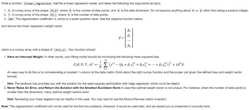 Write a function linear_regression that fits a linear | Chegg.com