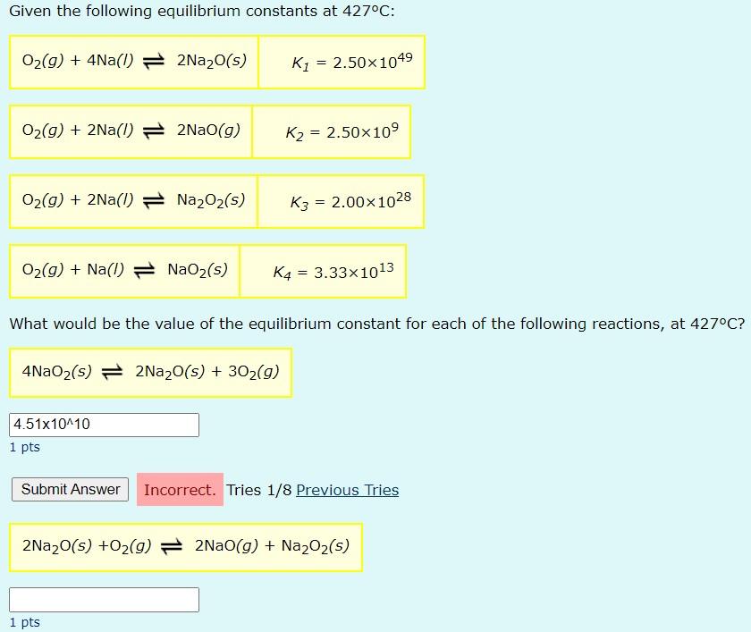 Solved Given the following equilibrium constants at 427°C: | Chegg.com