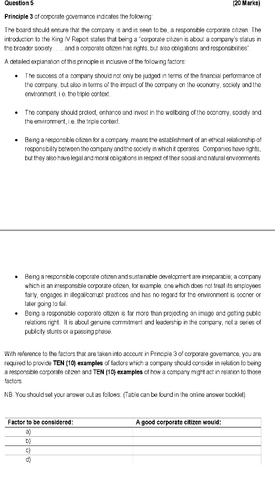 Solved Question 5 (20 Marks) Principle 3 of corporate | Chegg.com