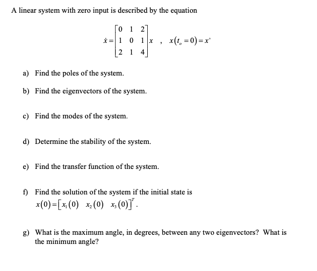 Solved A linear system with zero input is described by the | Chegg.com