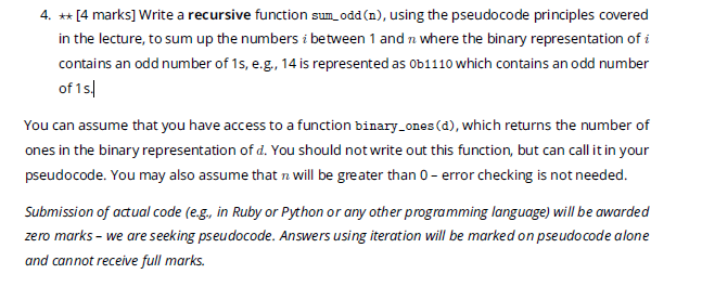 Solved 4. # [4 marks] Write a recursive function sum_odd | Chegg.com