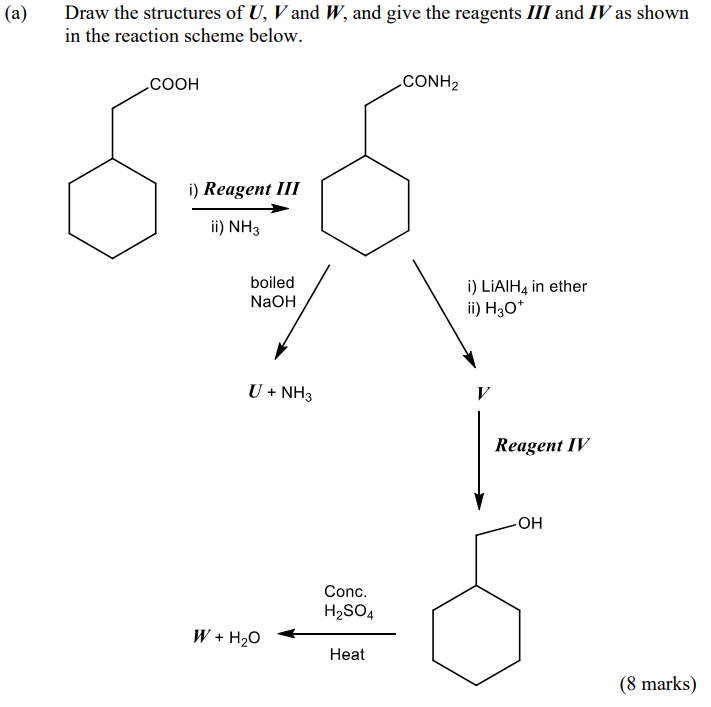 Solved (a) Draw the structures of U, V and W, and give the | Chegg.com