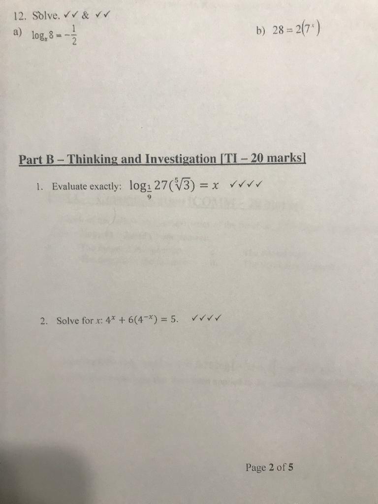 Solved 12. Solve, & a) 10g, 8 = -1 b) 28 = 2(7") Part B - | Chegg.com