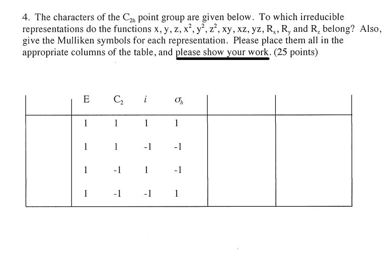 Solved The characters of the C2h ﻿point group are given | Chegg.com