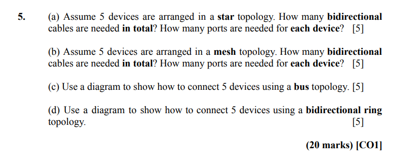 Solved (a) Assume 5 devices are arranged in a star topology. | Chegg.com