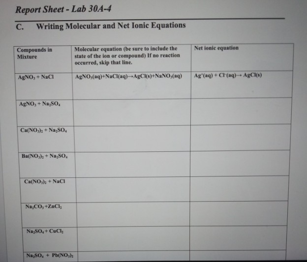 Solved Report Sheet - Lab 30A-4 C. Writing Molecular and Net | Chegg.com