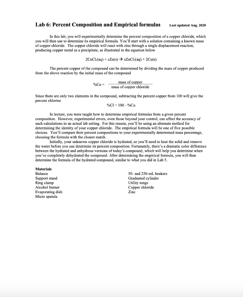 Solved Lab 6: Percent Composition and Empirical formulas | Chegg.com