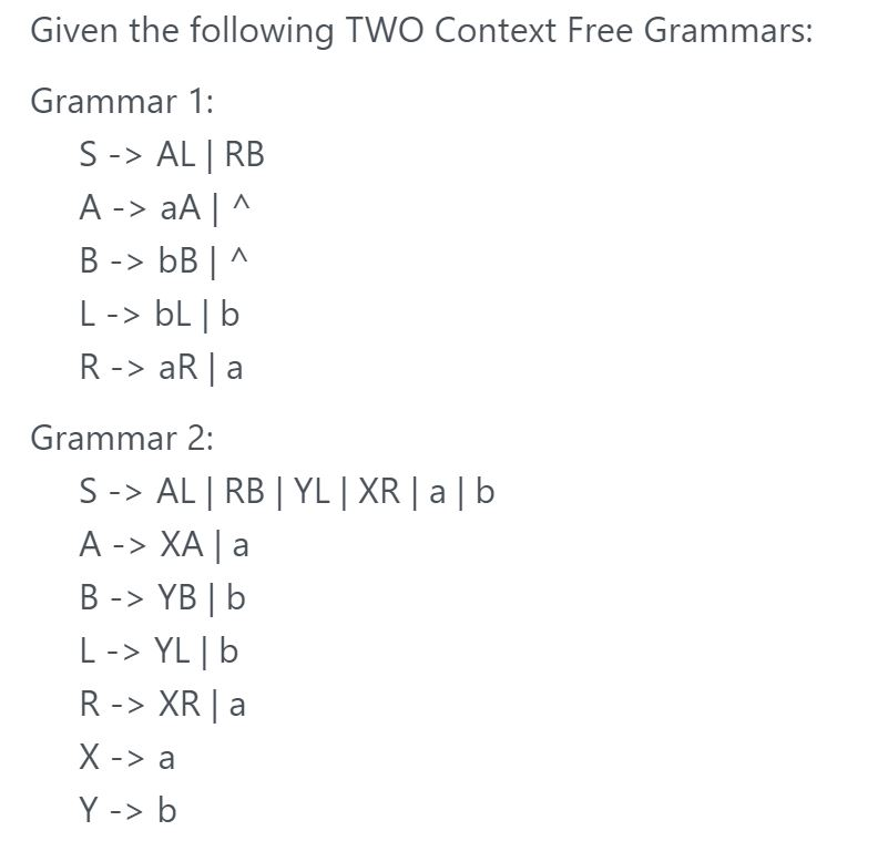 Solved Given the following TWO Context Free Grammars: | Chegg.com