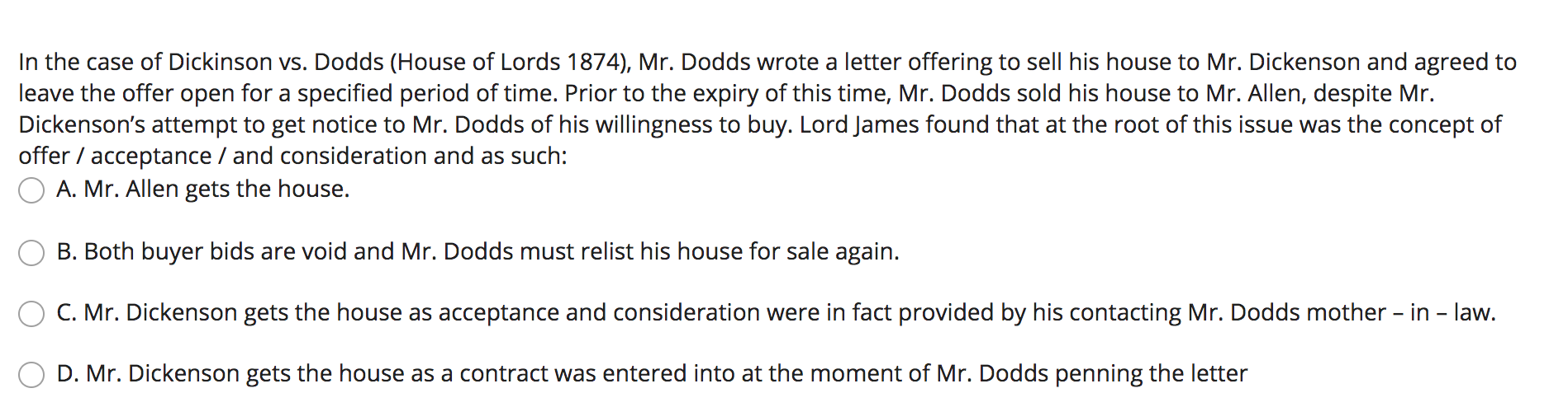 Solved In the case of Dickinson vs. Dodds (House of Lords | Chegg.com