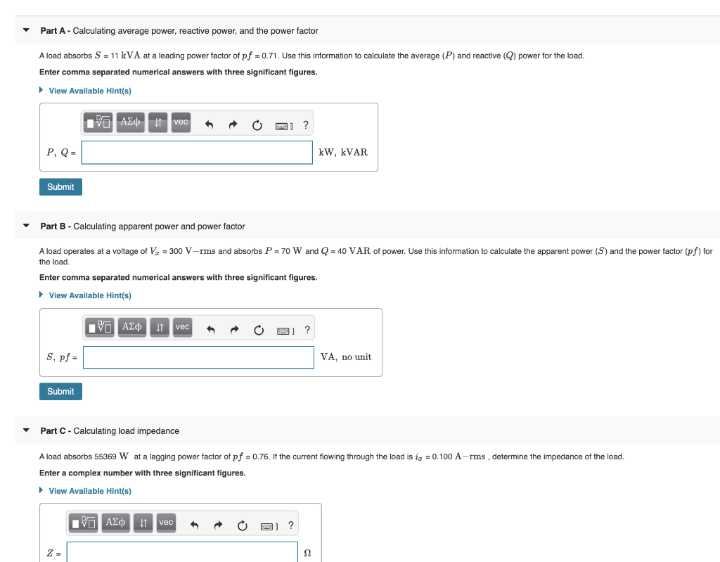 Solved Part A - Calculating average power, reactive power, | Chegg.com