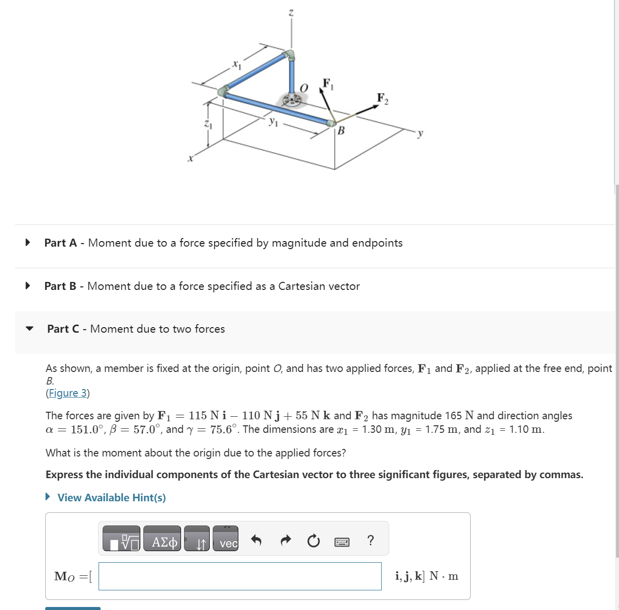 Solved Part A - Moment due to a force specified by magnitude | Chegg.com