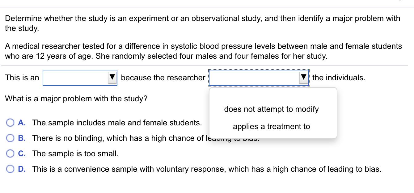 Solved Determine whether the study is an experiment or an | Chegg.com