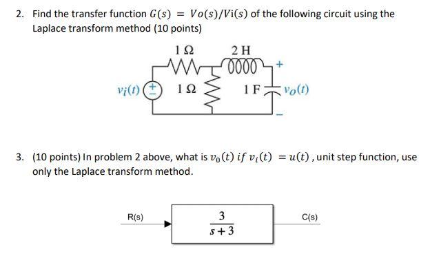 Solved 2. Find the transfer function G(s)=Vo(s)/Vi(s) of the | Chegg.com