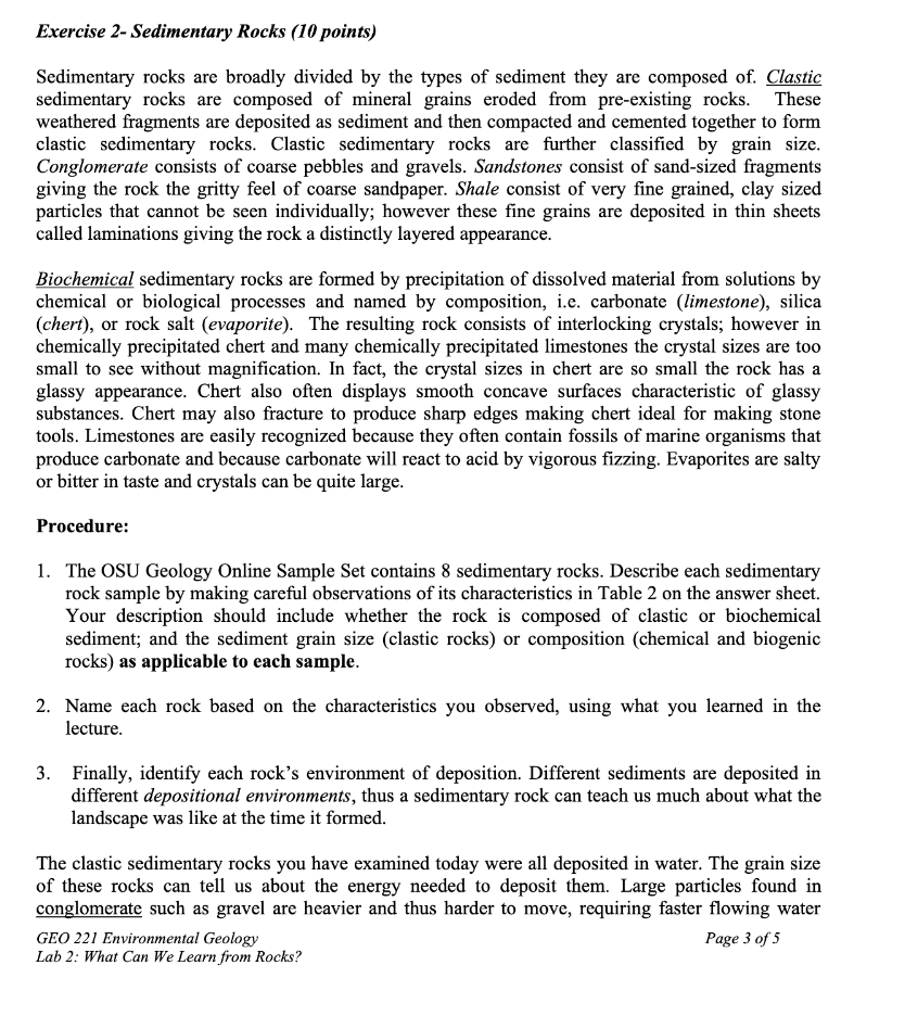 Solved Exercise 2-Sedimentary Rocks (10 points) Sedimentary | Chegg.com